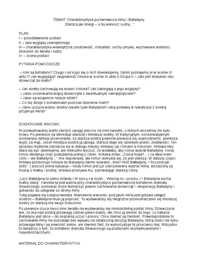 7BD Język Polski Charakterystyka Porównawcza Aliny I Balladyny | PDF