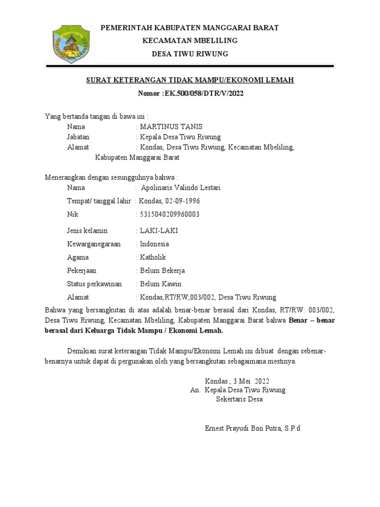 Surat Keterangan Ekonomi Lemah | PDF