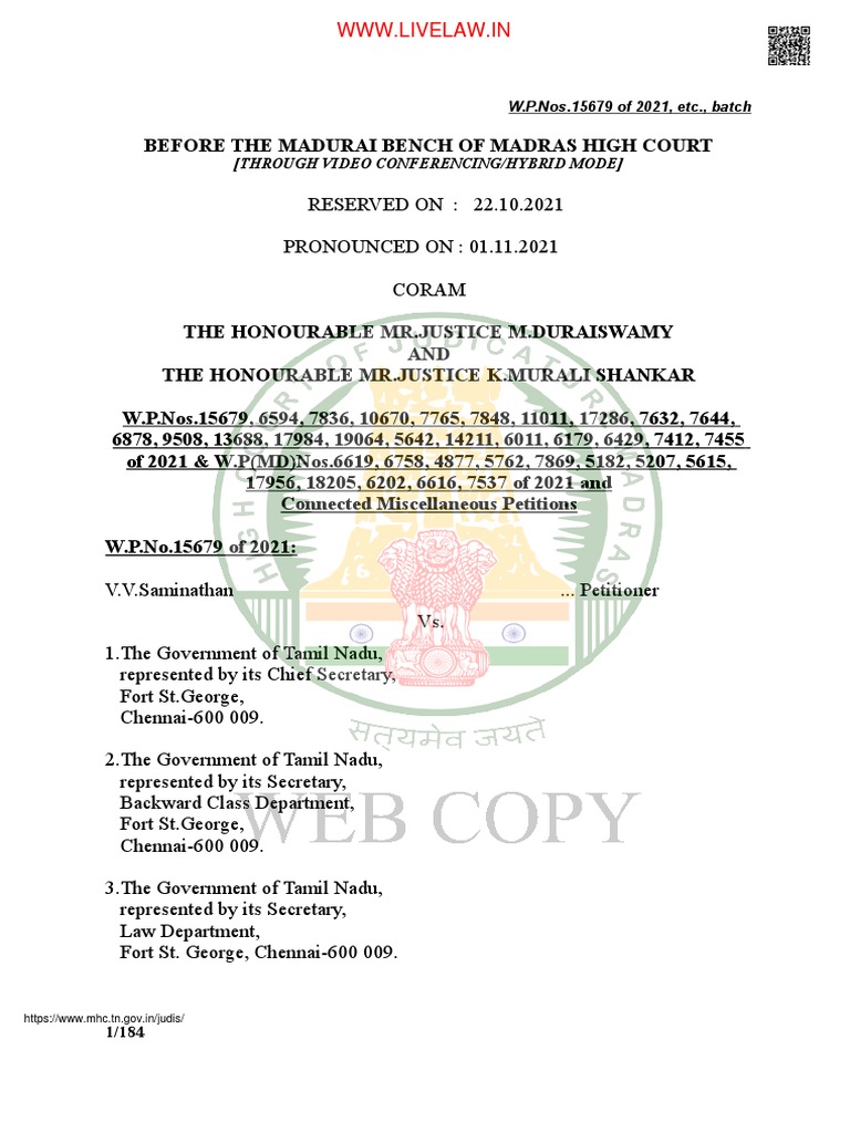 Vanniyar Reservation Madras HC 1 403406 | PDF | Justice | Crime & Violence