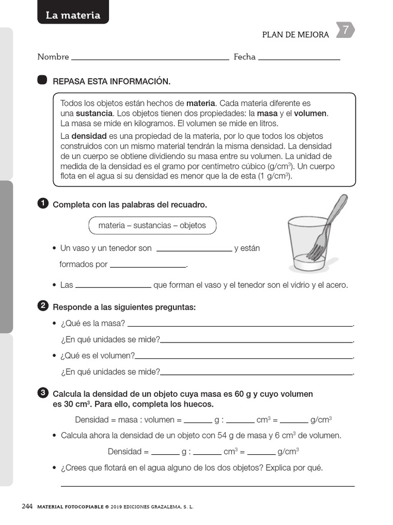 La Materia y Sus Propiedades Actividades 5º Primaria | PDF | Mezcla ...