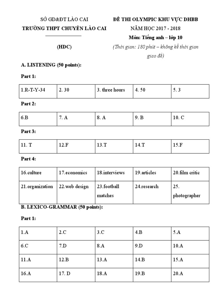 Đề Đề Xuất Duyên Hải 2018 Môn Tiếng Anh 10 - Hdc | PDF | Dyslexia | Human Communication