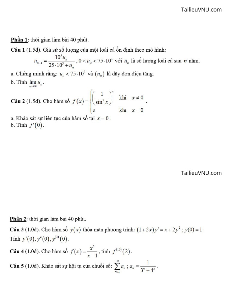Đề thi Giải tích 1 CLC ca 1 kỳ 1 năm học 2021-2022 - UET | PDF