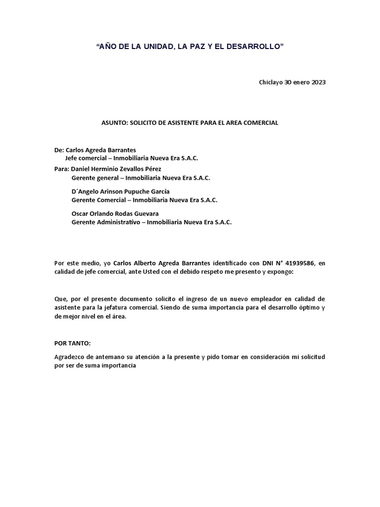 Solicitud de Requerimiento Asistente Comercial | PDF