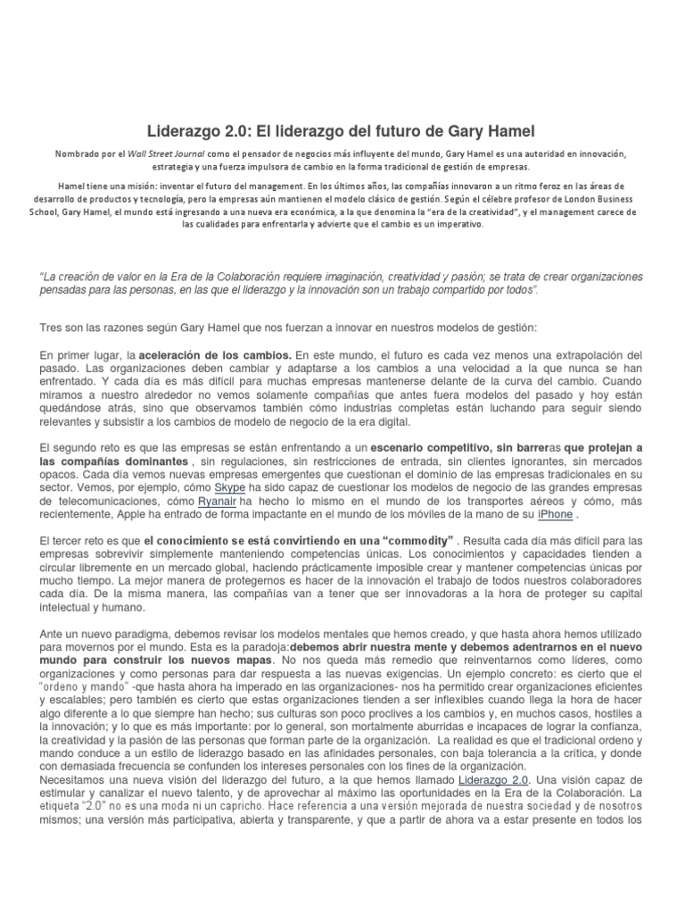 Articulo Liderazgo Del Futuro Gary Hamel | PDF | Liderazgo | Creatividad