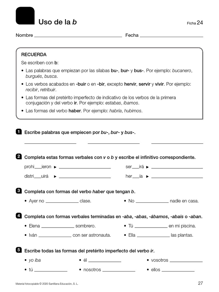 El Uso de La B Ficha 5º Primaria | PDF