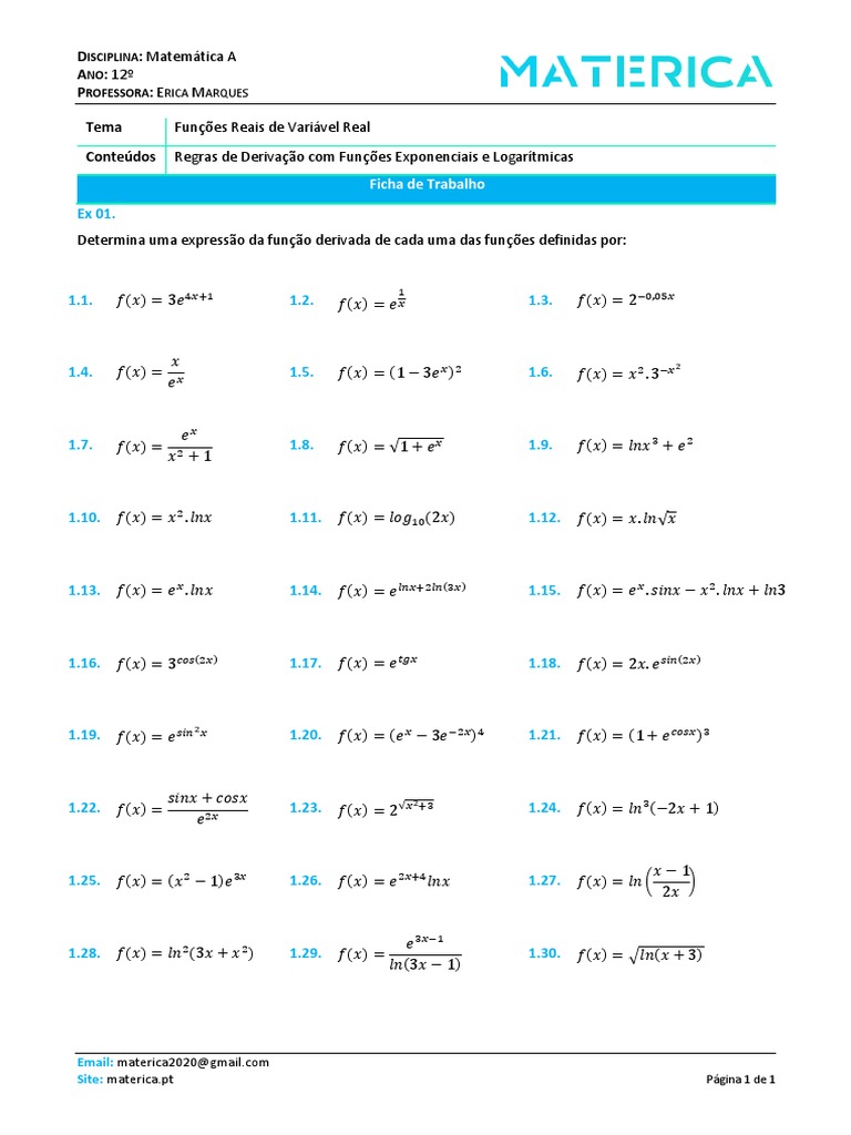 Ficha 15 Regras de Derivação Com Funções Exponenciais e Logarítmicas 12 ...