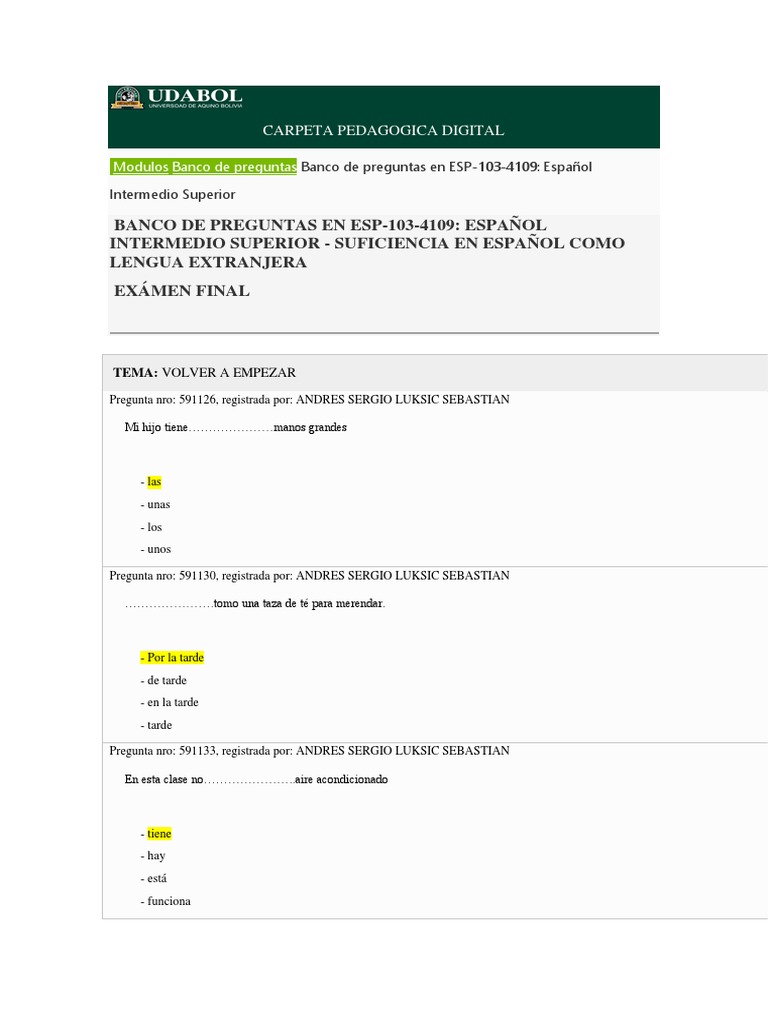 Banco de Preguntas: Español Intermedio | PDF | Unidades Semánticas ...