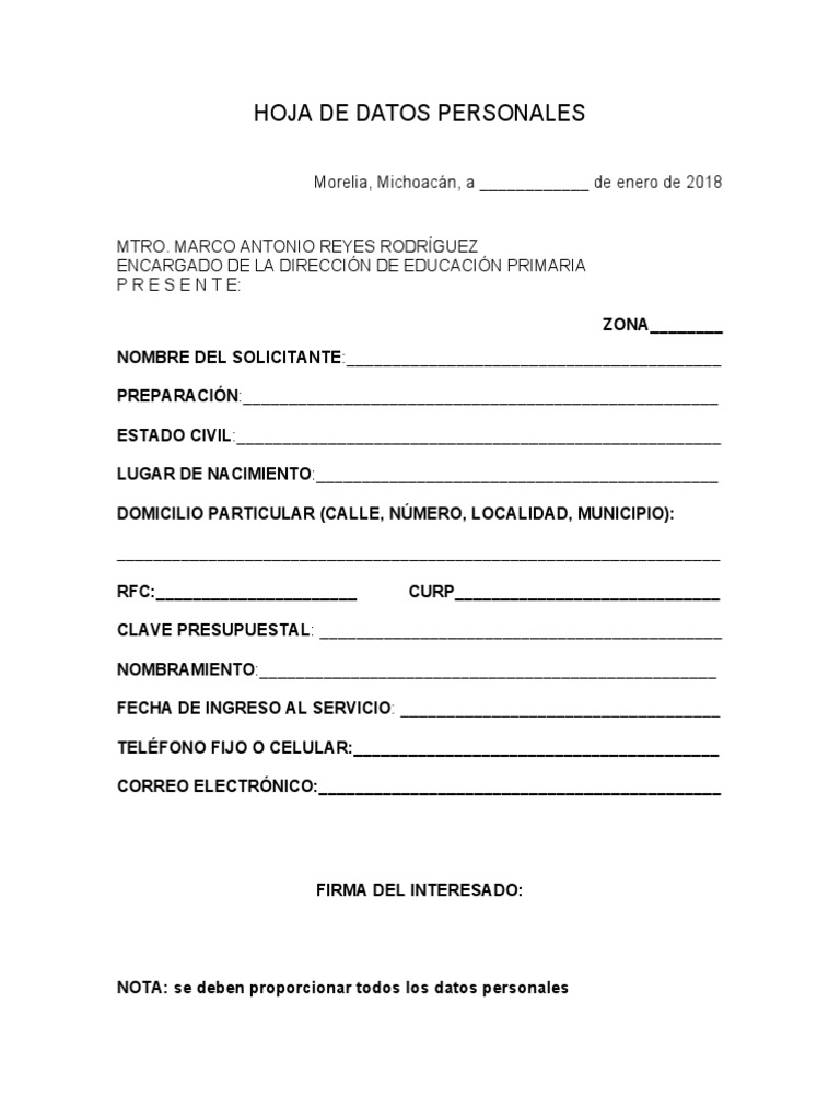 Hoja de Datos Personales | PDF