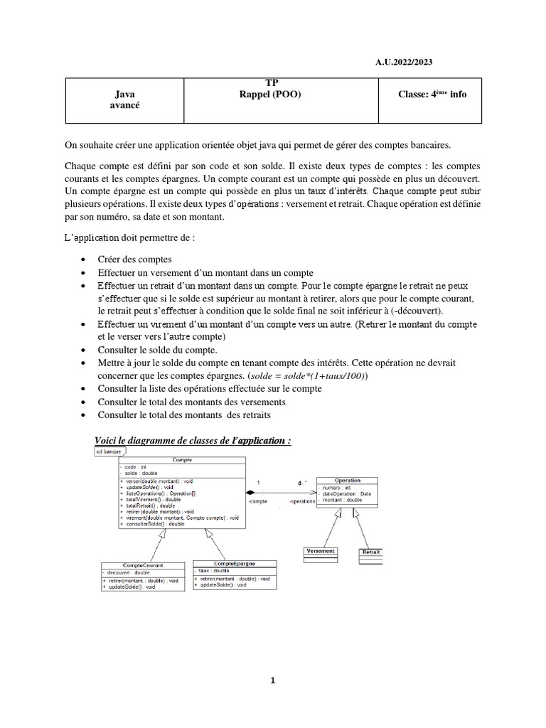 Java Avancé TP Rappel (POO) Classe: 4 Info: Voici Le Diagramme de Classes de L'application | PDF ...