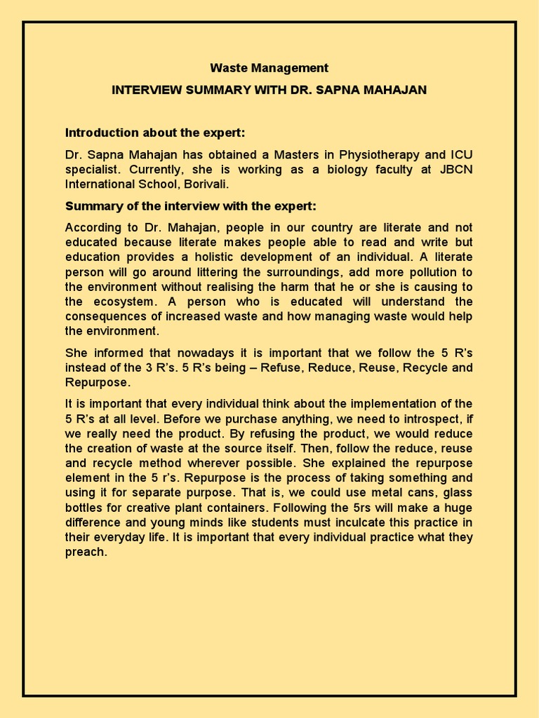Waste Management - Interview Summary With DR | PDF