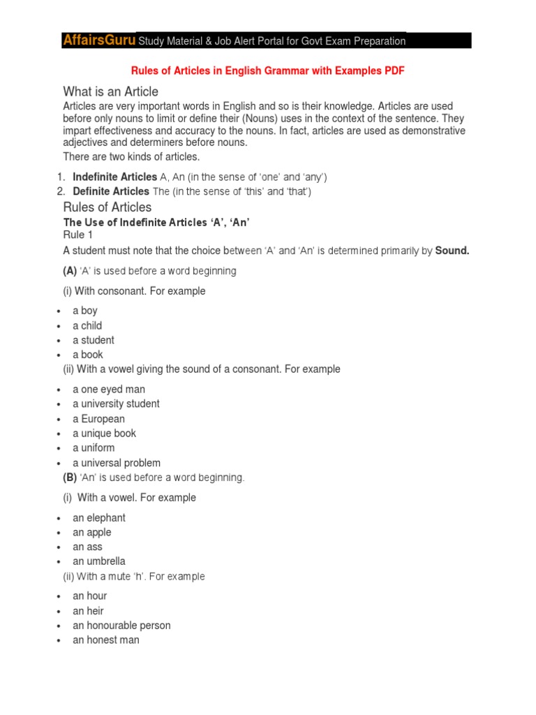 Rules of Articles in English Grammar With Examples | PDF | Noun ...