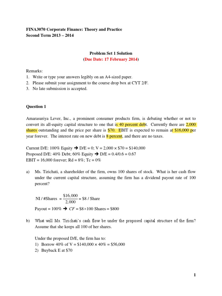 Problem Set 1 Solution 1 | Download Free PDF | Capital Structure | Stocks