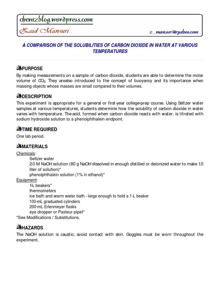 CO2 Solubility in Water Experiment | PDF | Sodium Hydroxide ...
