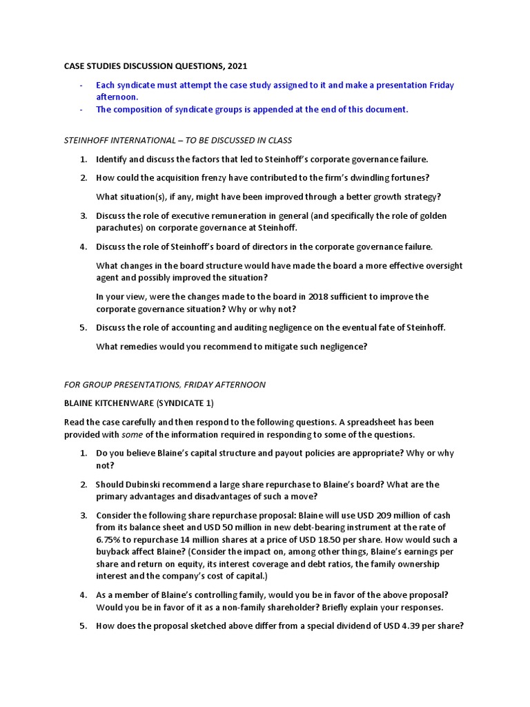 Case Studies Assignment Questions | PDF | Dividend | Capital Structure