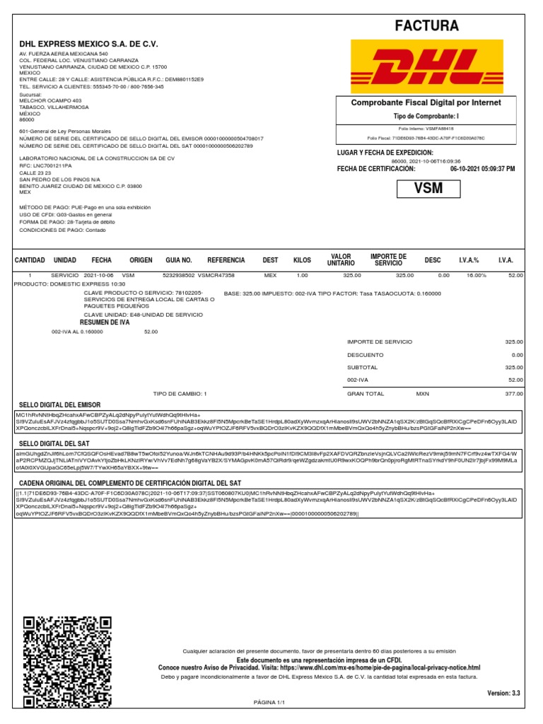 Factura: DHL Express Mexico S.A. de C.V | PDF | Pagos