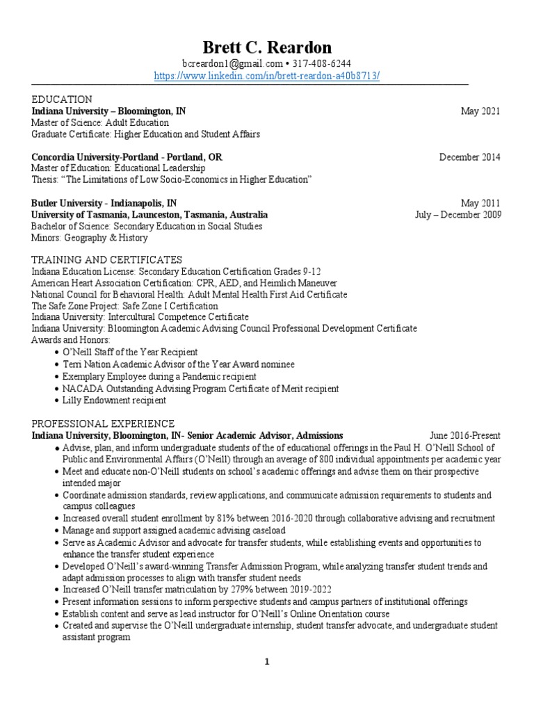 Brett Reardon Resume 2022 | PDF | University And College Admission ...