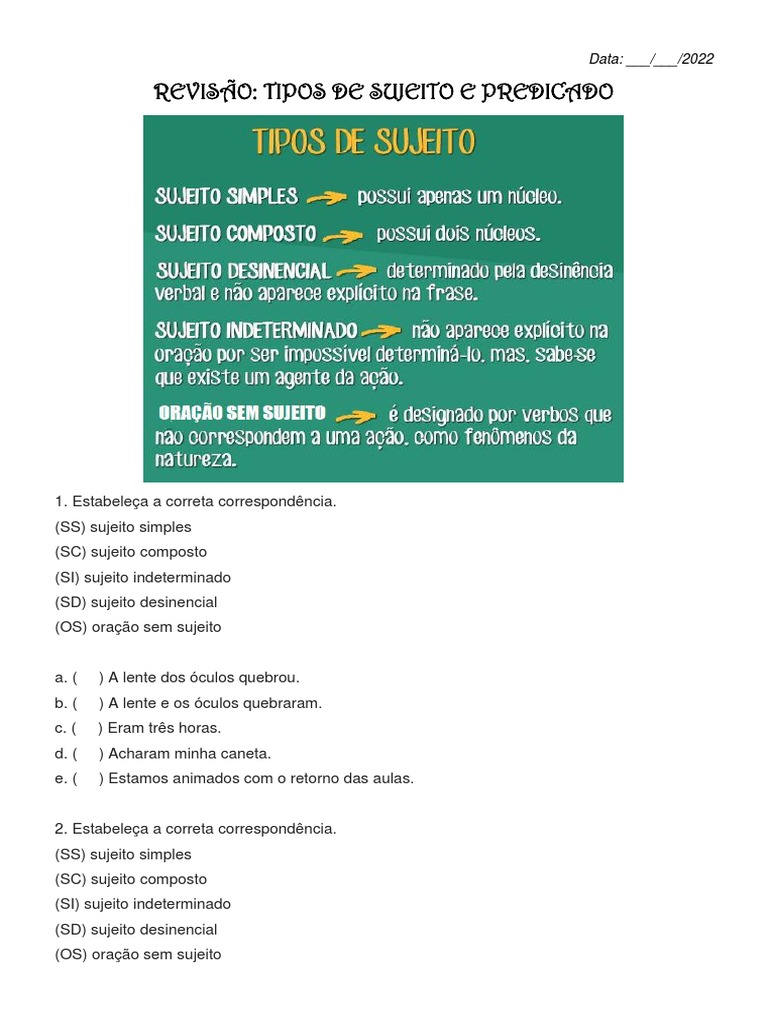 2B - Atividade - Sujeito e Predicado | PDF | Assunto (gramática) | Linguística