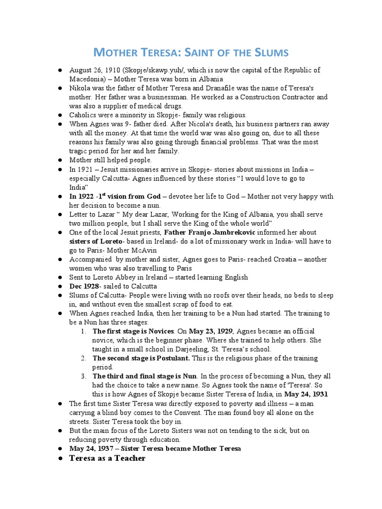 Mother Teresa Saint of The Slums | PDF | Mother Teresa | Leprosy