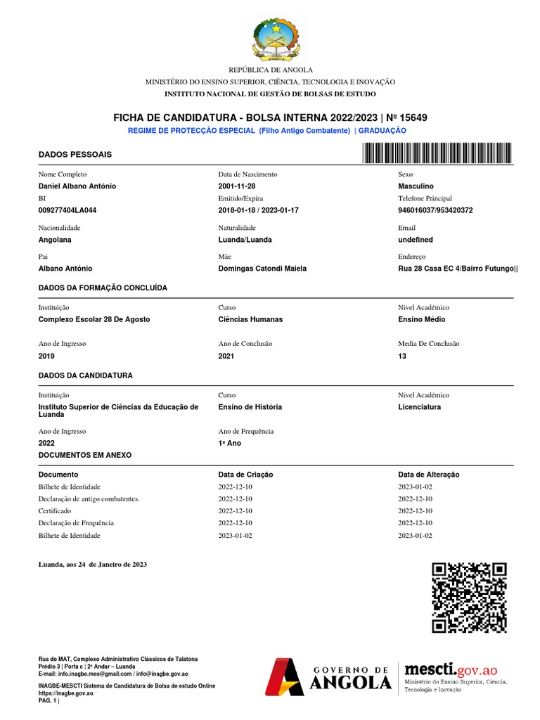Ficha - Candidatura - Daniel Albano António | PDF | Angola | Ensino ...