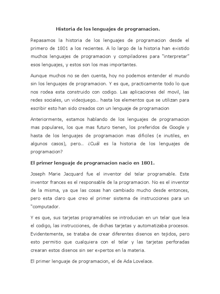 Historia de Los Lenguajes de Programacion | PDF | Lenguaje de ...