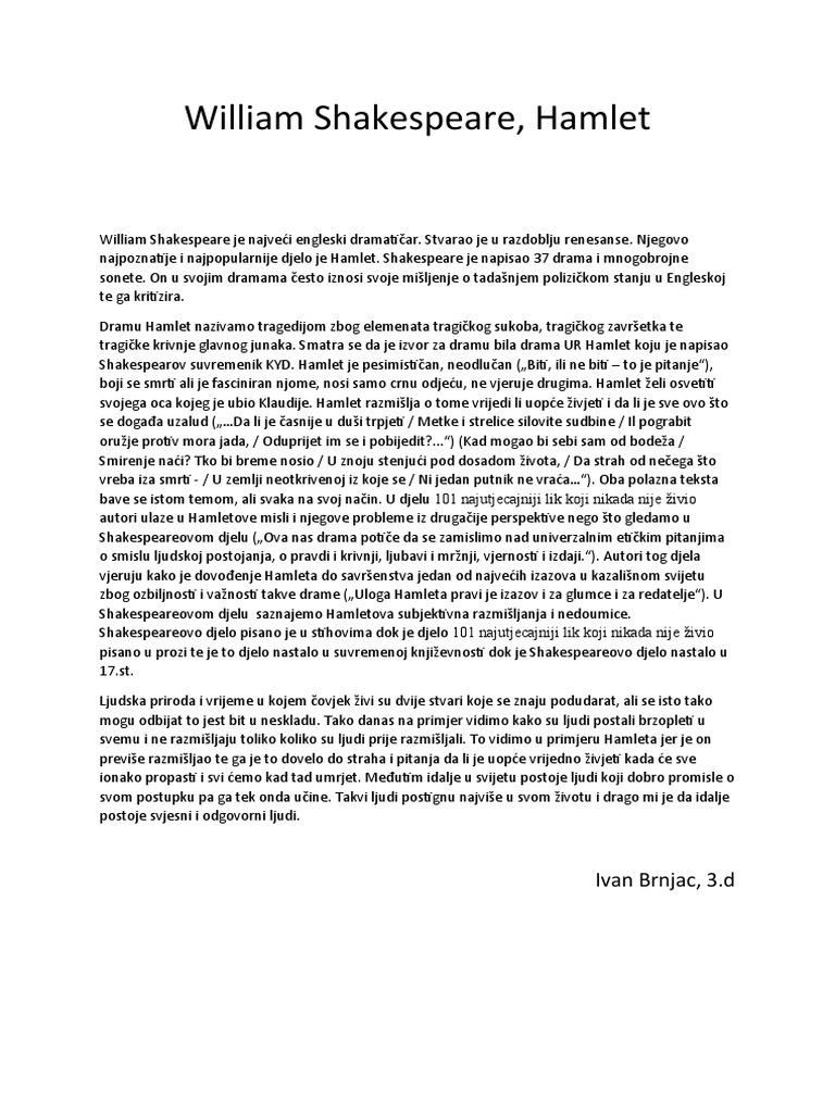 Hamlet Esej, Ivan Brnjac, 3.d | PDF
