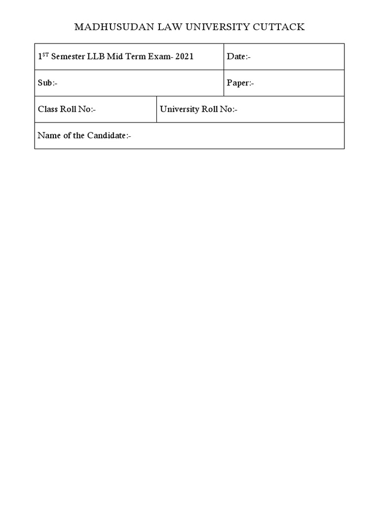 1ST Semester LLB Mid Term Exam Front Page | PDF