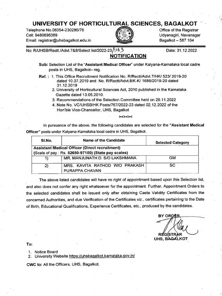 Selection List of Assistant Medical Off Advt 7 & 8 | PDF