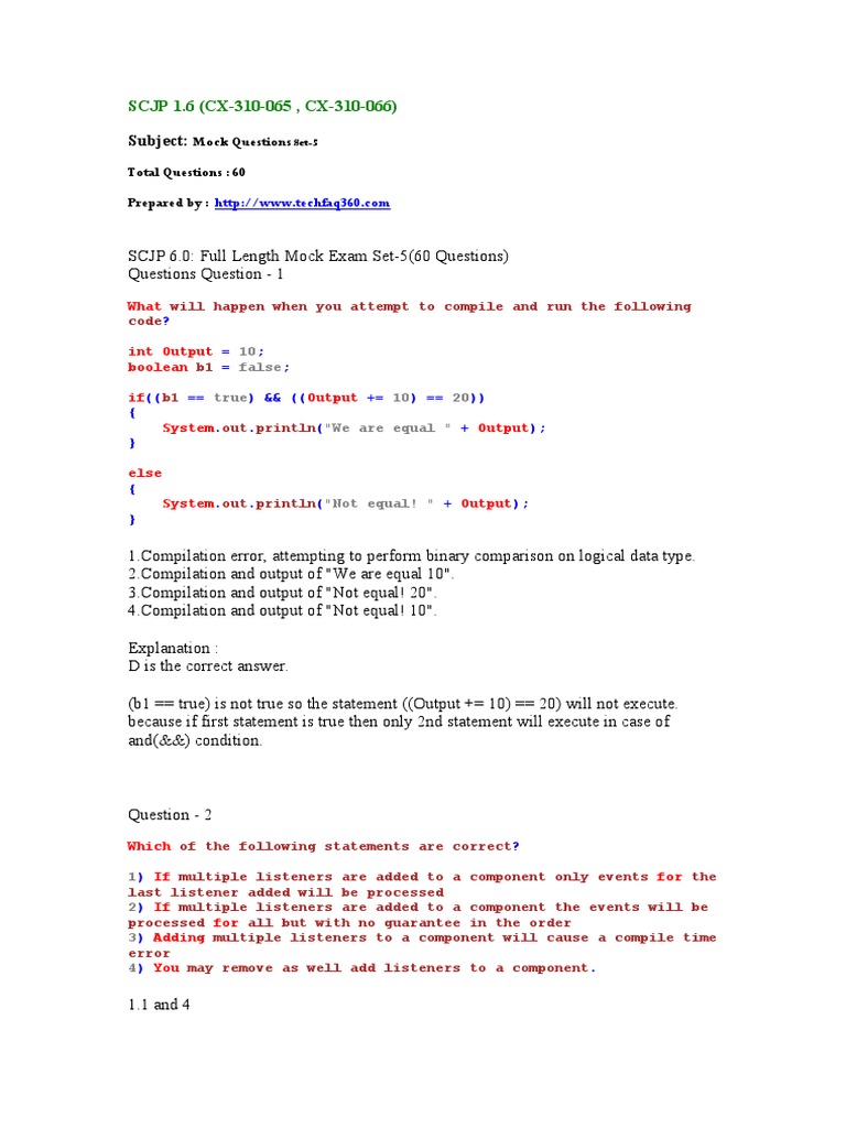 SCJP 1.6 (CX-310-065 , CX-310-066) Mock Questions Set-5 | PDF | Method (Computer Programming ...