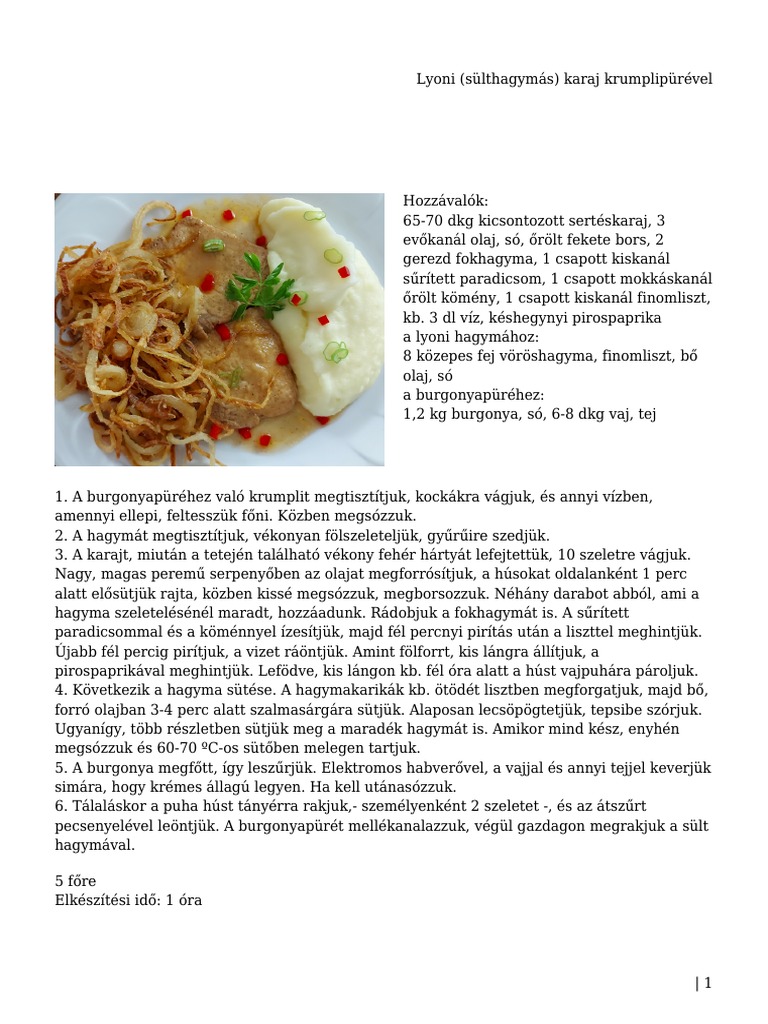 Lyoni (Sülthagymás) Karaj Krumplipürével | PDF