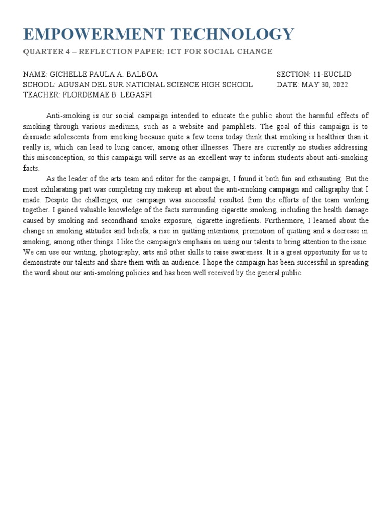 Empowerment Technology Quarter 4 - Reflection Paper (Ict For Social ...