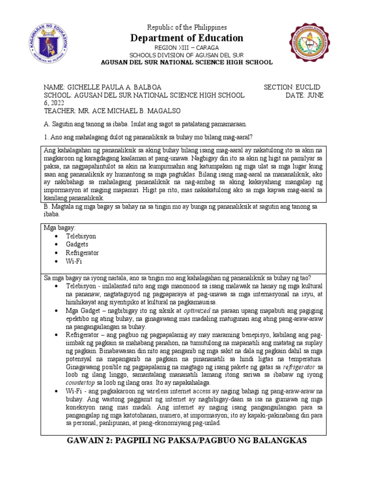 Pagbasa at Pagsusuri Quarter 4 - Gawain 7 at 8 | PDF
