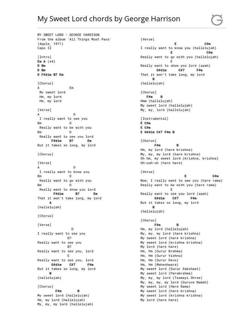 My Sweet Lord Chords and Lyrics | PDF | Song Structure | British Pop Songs