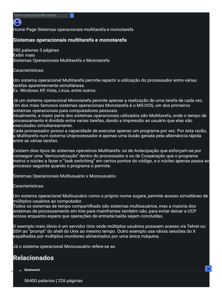 Sistemas Operacionais Multitarefa e Monotarefa - Trabalhosfeitos ...