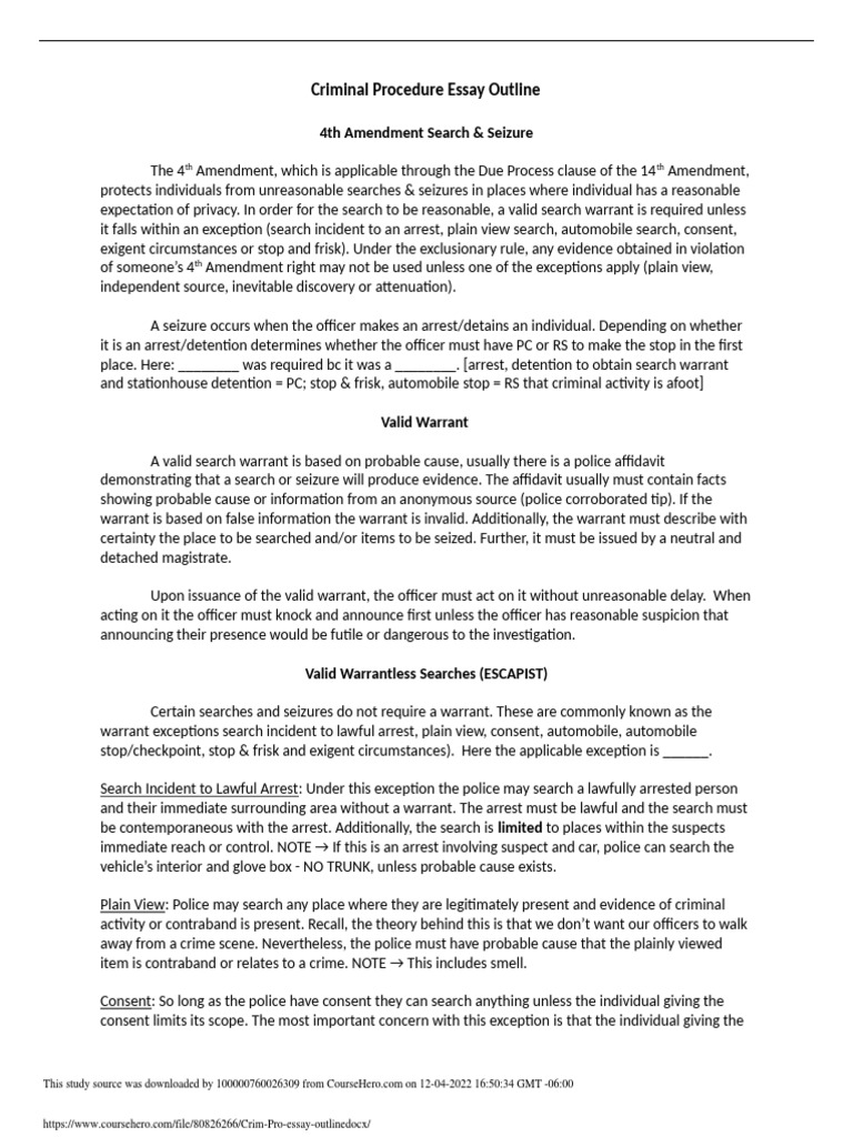 Crim Pro Essay Outline | PDF | Search And Seizure | Search Warrant