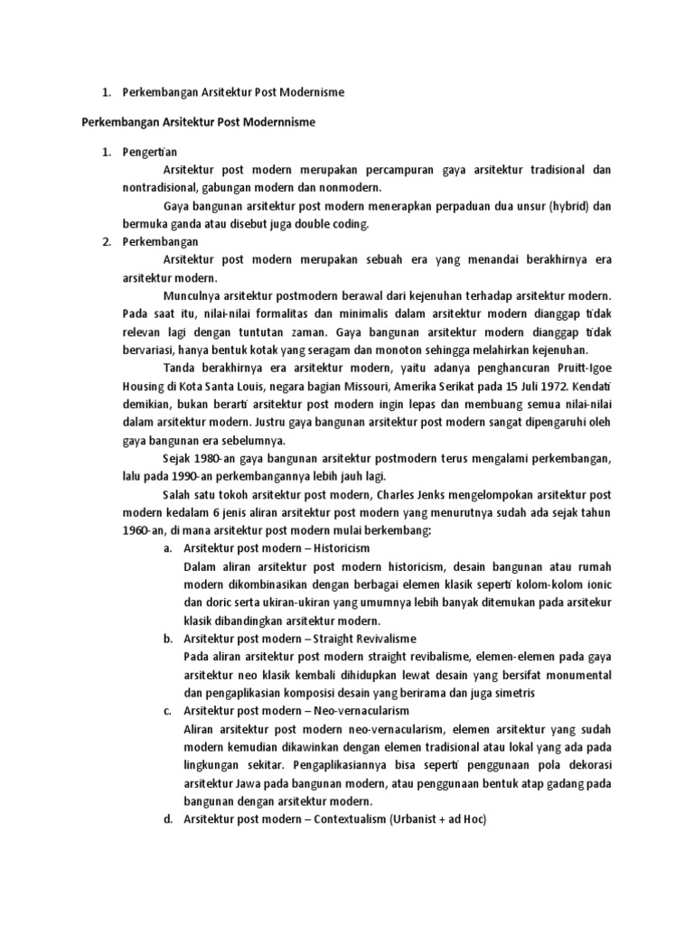 Perkembangan Arsitektur Post Modernisme | PDF | Seni | Sejarah