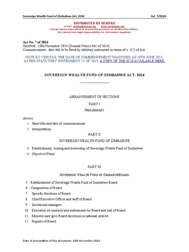 Sovereign Wealth Fund of Zimbabwe Act (Chapter 22-20) - 0 | PDF ...