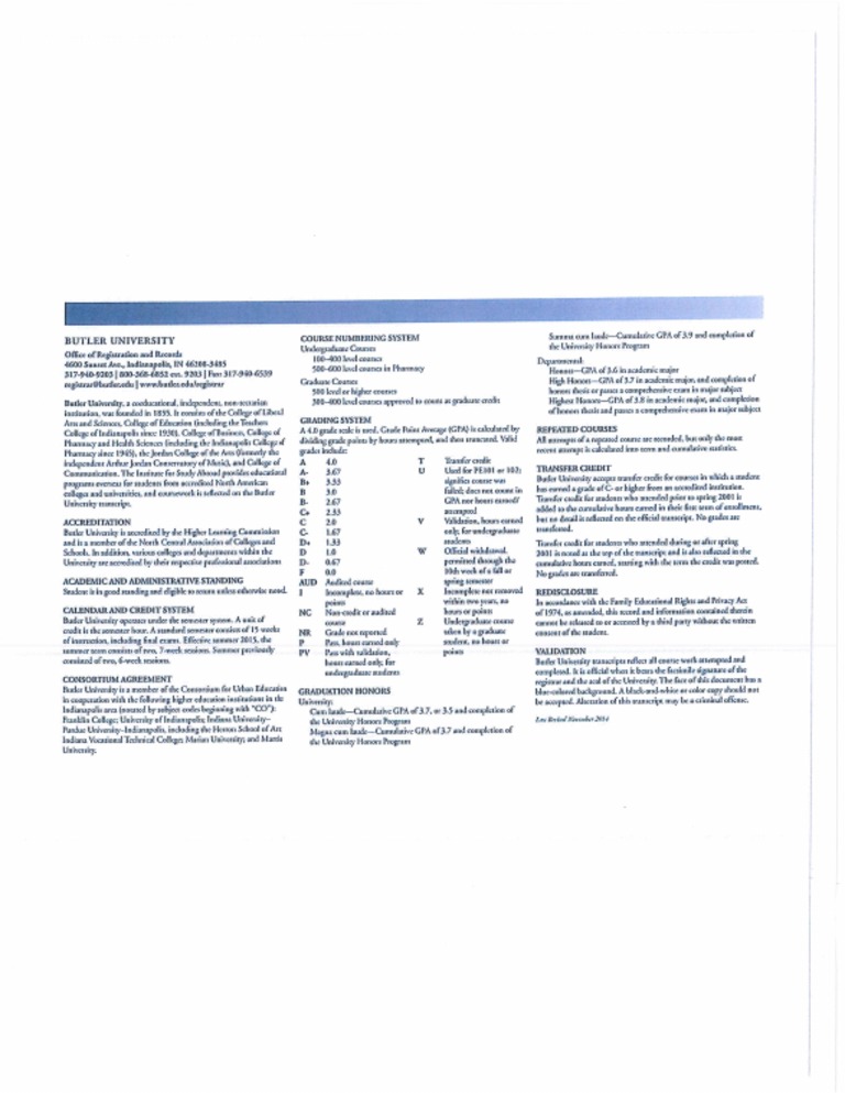Butler University Transcript Key | PDF