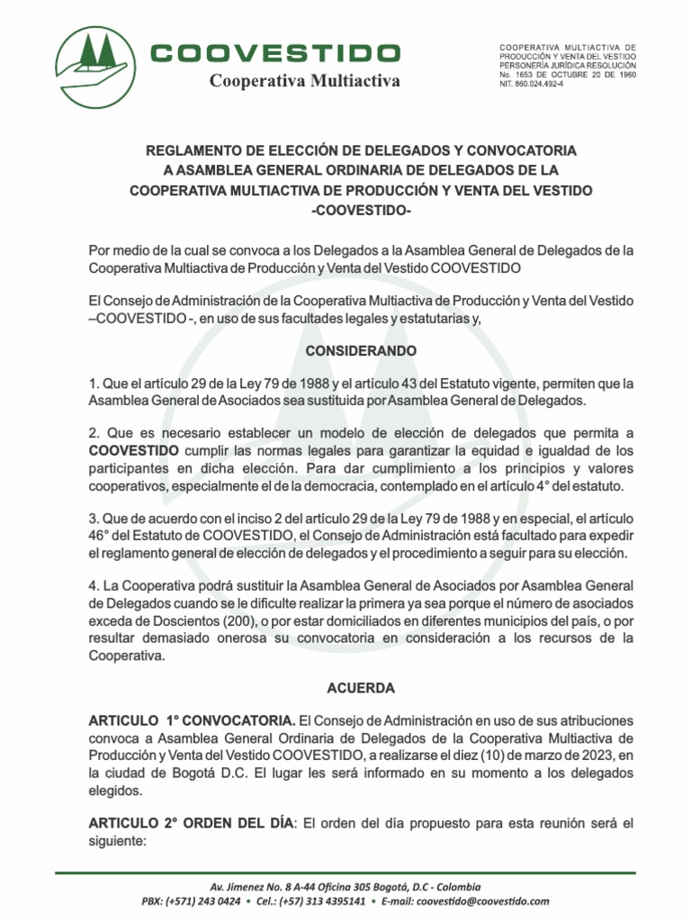 Reglamento Eleccion y Convocatoria Delegados 2023 | PDF | Votación | Cooperativa