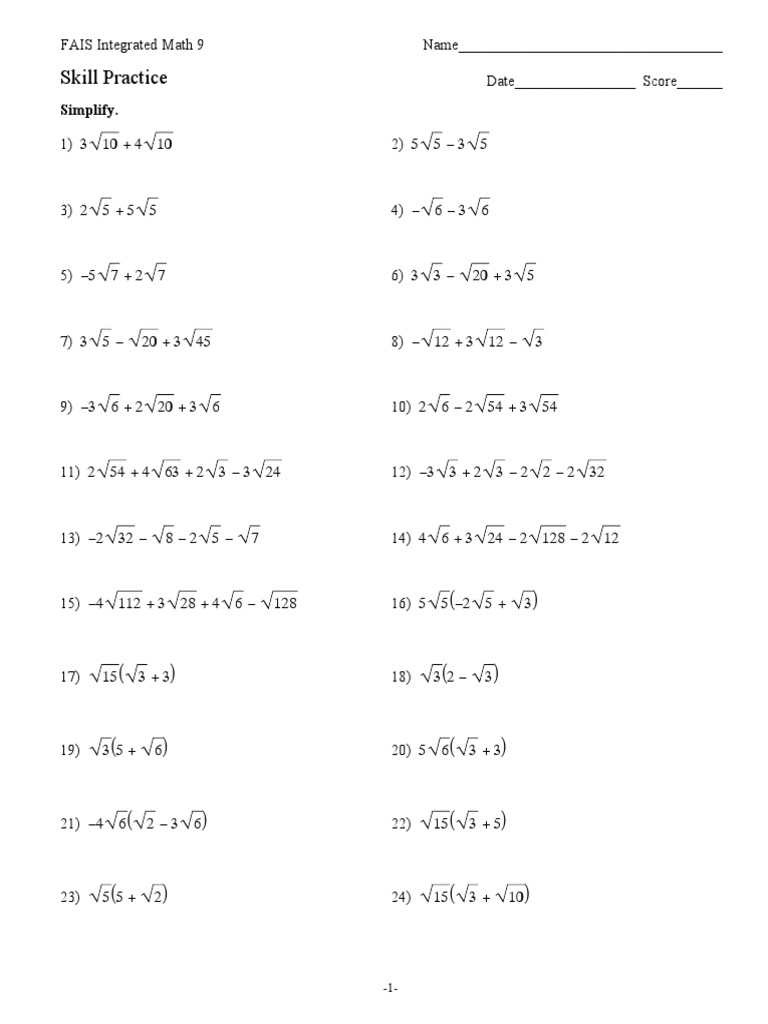 Worksheet on radicals | PDF
