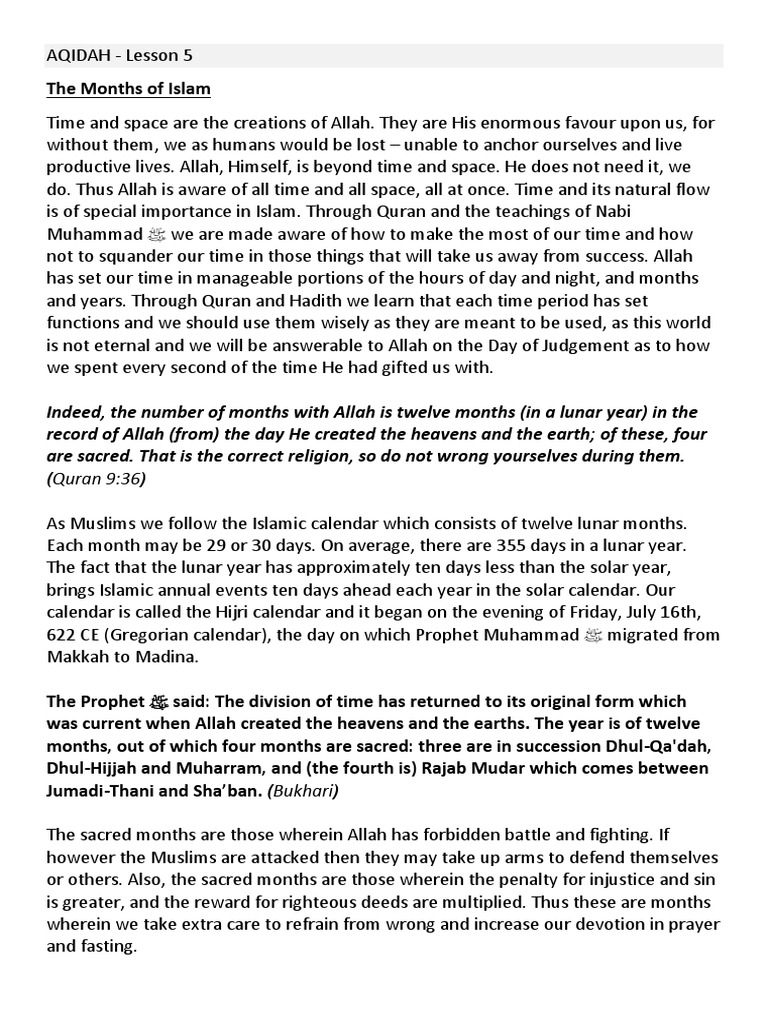 Aqeeda Lesson 5-The Months of Islam | PDF | God In Islam | Prophets And ...