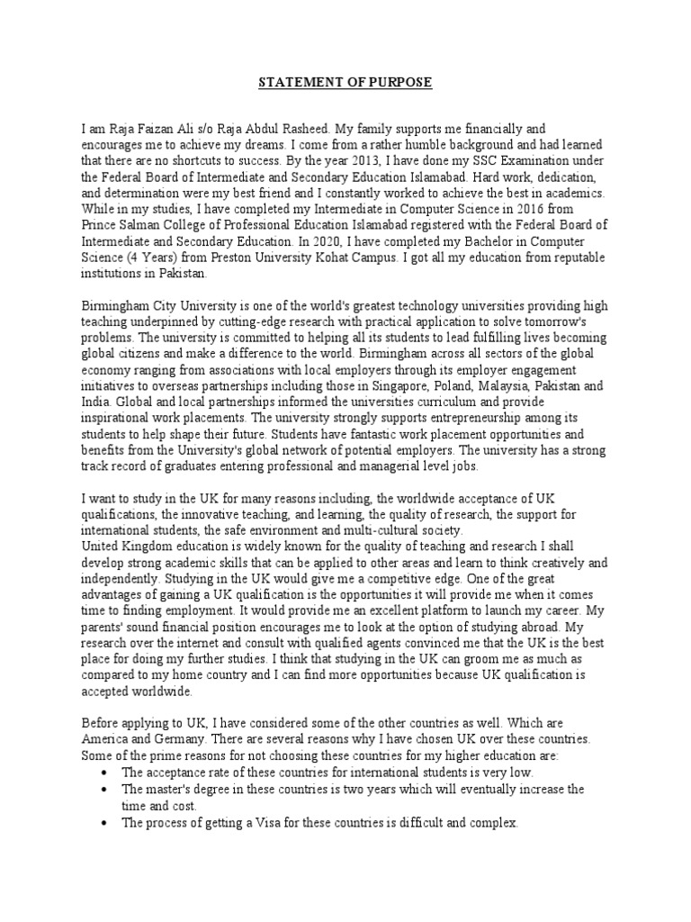 SOP - BCU MSC Project Management | PDF | International Student | Project Management