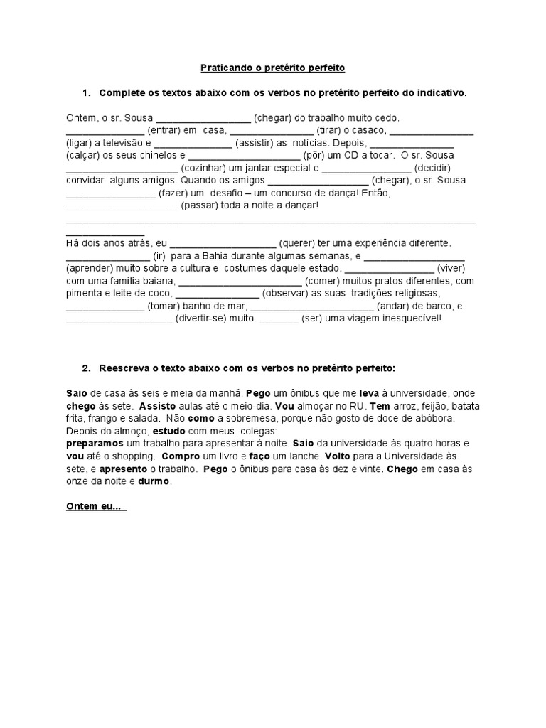 Praticando o Pretérito Perfeito | PDF