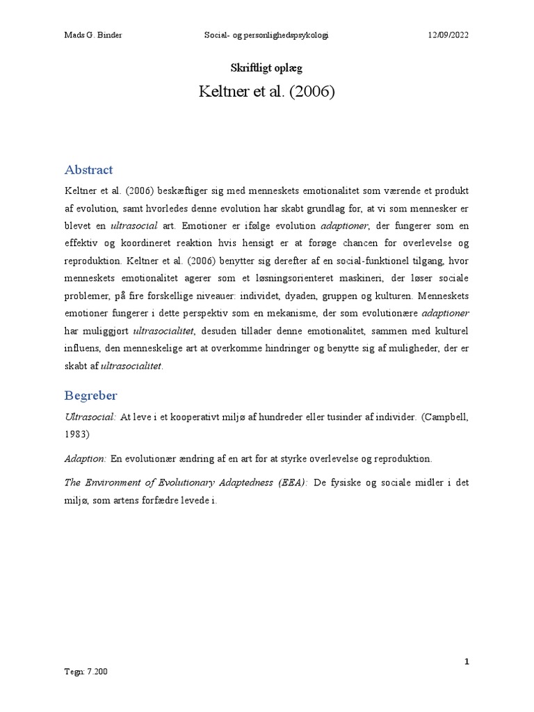 Keltner Et Al. (2006) - Emotioners Historie | PDF