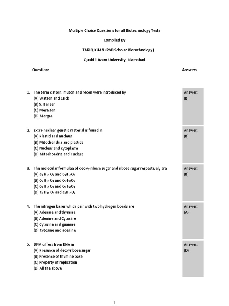 Biotech MCQs | PDF | Dna | Rna