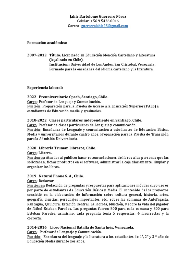 Currículo clases particulares | PDF | Venezuela | Chile