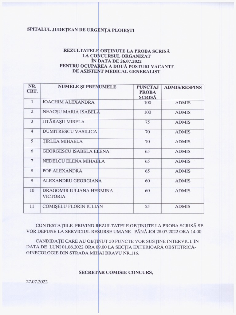 Rezultate Obtinute La Proba Scrisa Concurs Asistent Medical Generalist | PDF