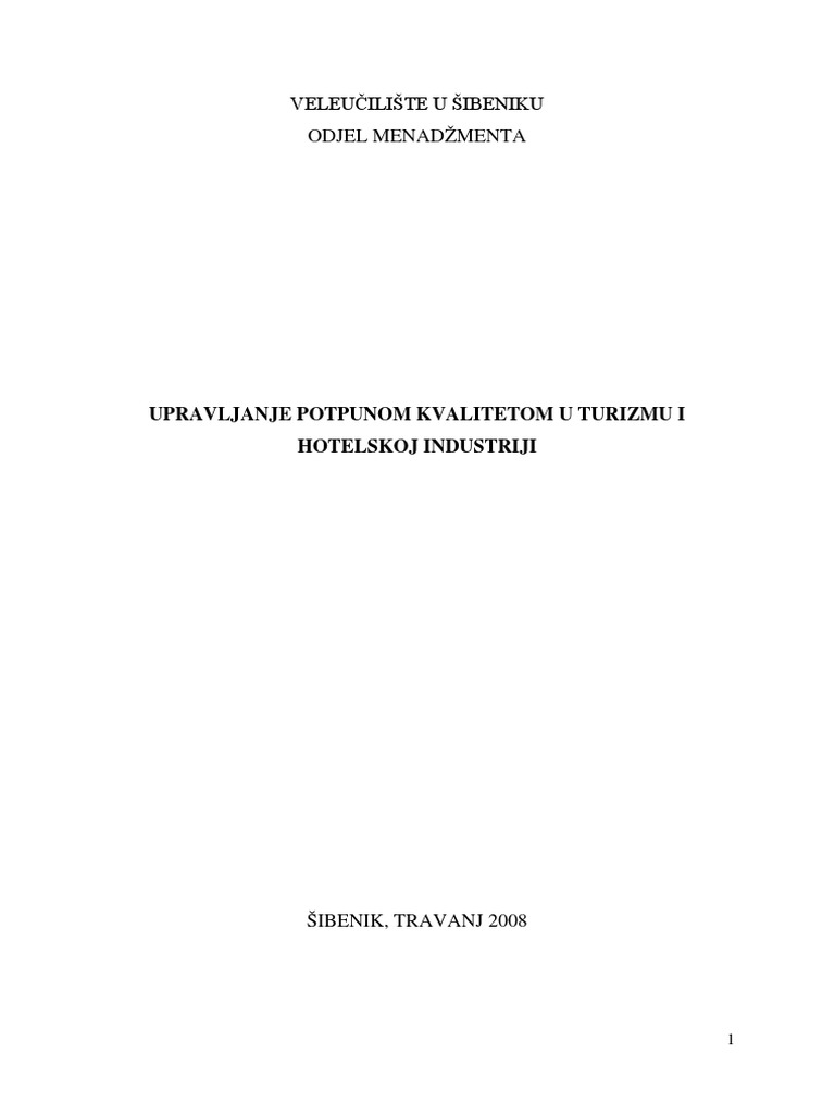 Upravljanje Potpunom Kvalitetom U Turizmu I Hotelskoj Industriji | PDF