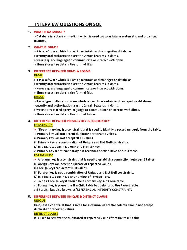 Sql Interview Questions And Answers Pdf Relational Database Databases