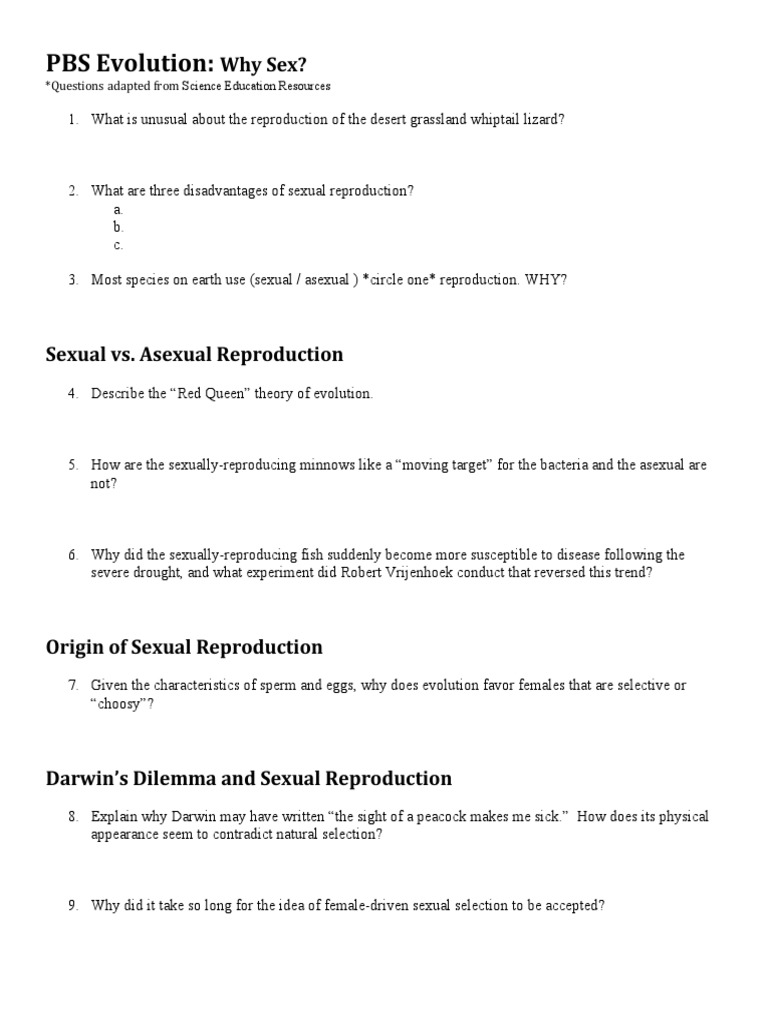 Pbs Evolution Why Sex Questions For Hybrid Pdf Evolution Sexual