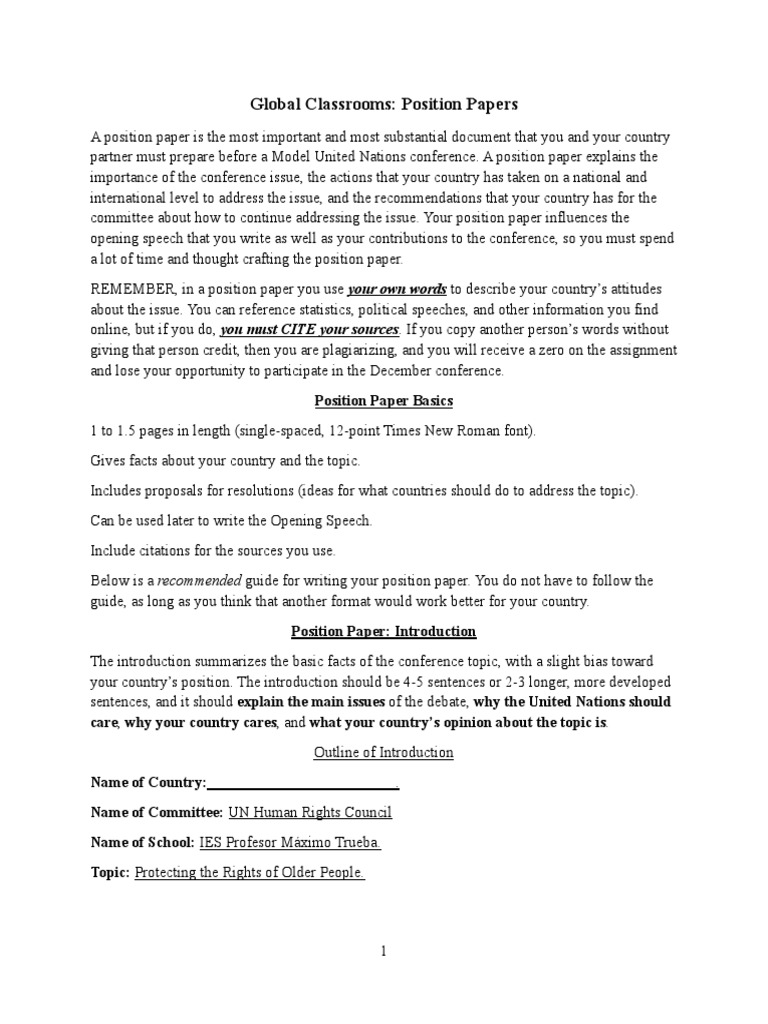 Model UN Position Paper Guide | PDF | Human Rights | Old Age